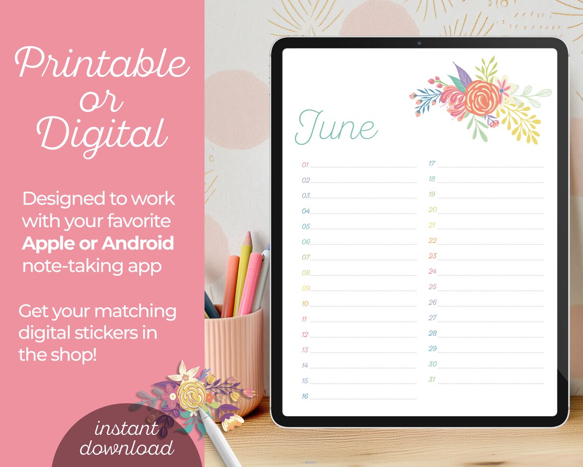 Perpetual Calendar Print & Digital SVG Planner Template, Colorful ...