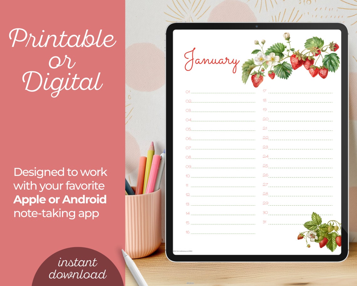 Perpetual Calendar Print & Digital SVG Planner Template Strawberry ...