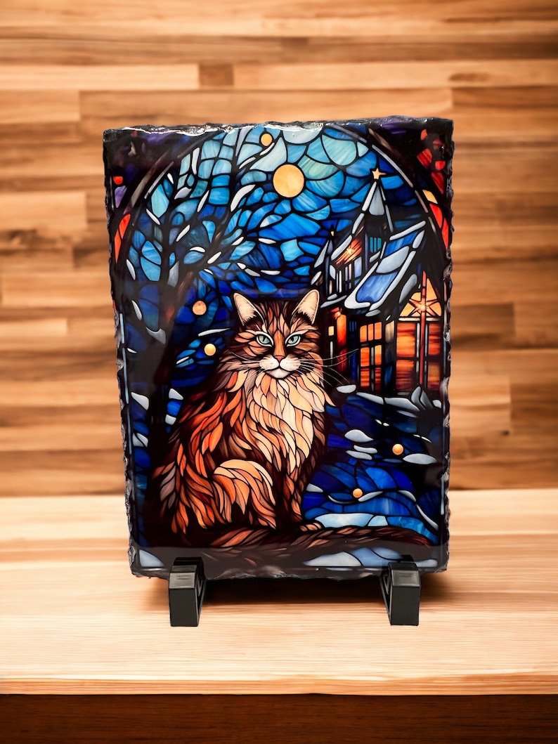 Cat With Stained Glass Design on Slate Sign - Etsy