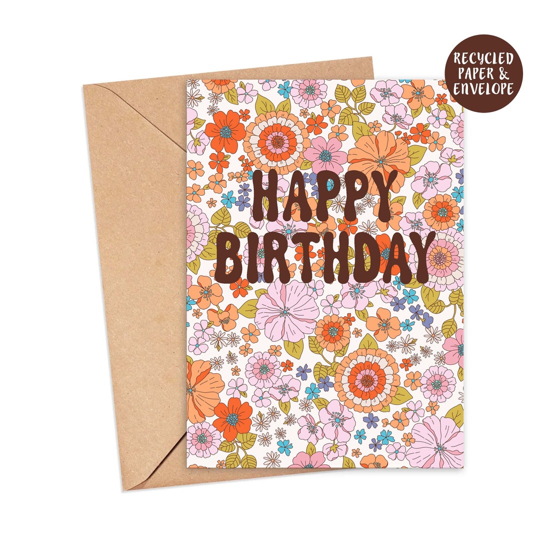 Happy Birthday Floral 70s 80s Retro Card Gift for Her - Etsy