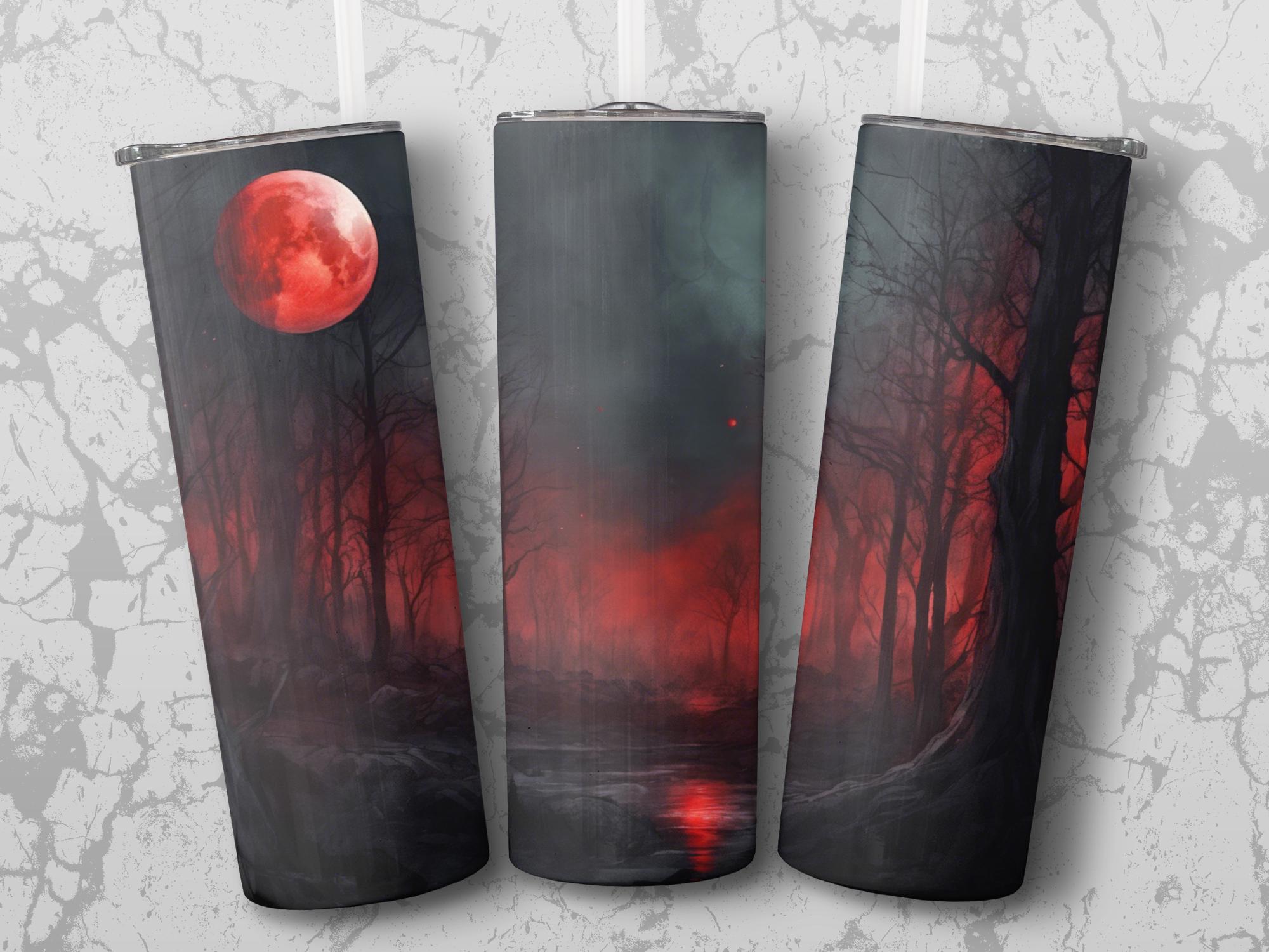 Full Moon Dark Forest Tumbler Wrap, 20oz Skinny Tumbler PNG, Red Moon ...