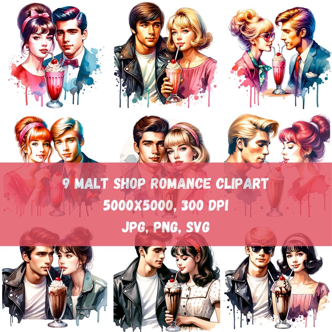 Malt Shop Romance Clipart Set, Vintage Couples, Retro Fashion ...