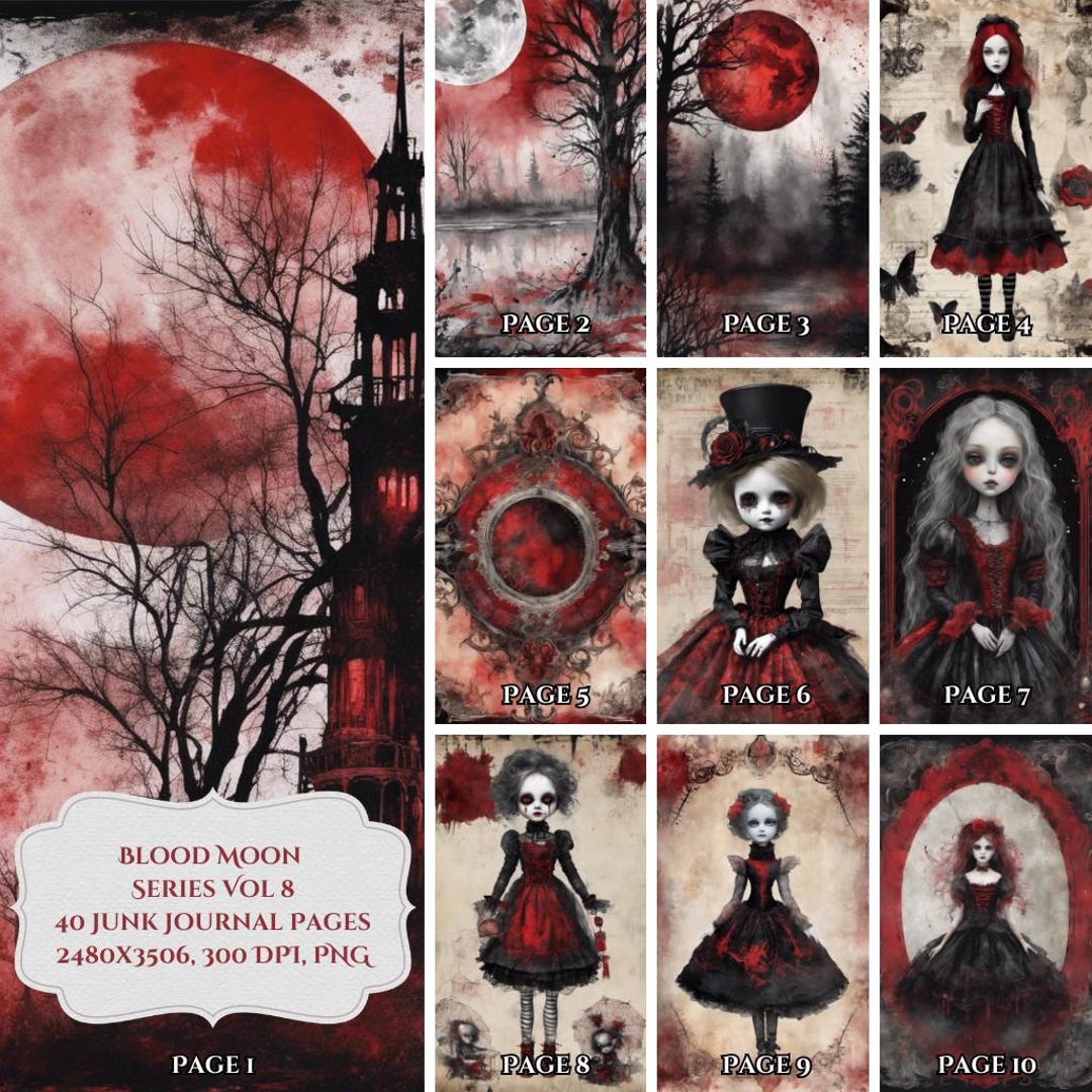 Blood Moon Gothic Horror Junk Journal Pages Vol 8, 40 Unique Digital ...