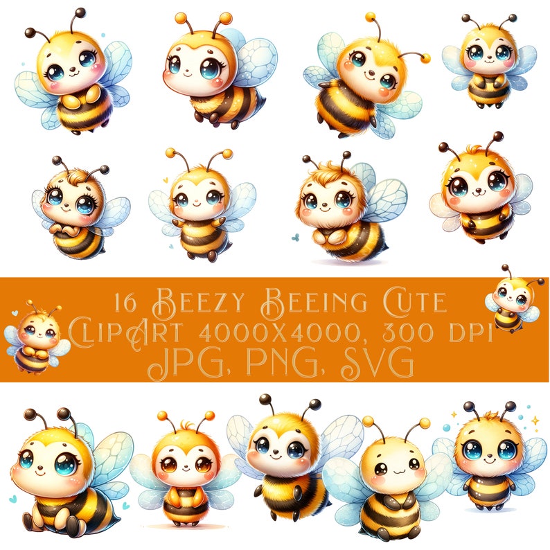 Digital Clipart Adorable Bee Illustration Bundle, Cartoon Bee PNG, SVG ...