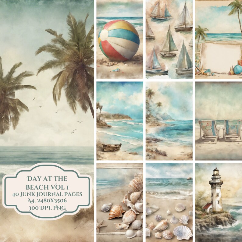 Day at the Beach Digital Journal Pages, Vintage Beach Theme Printables ...