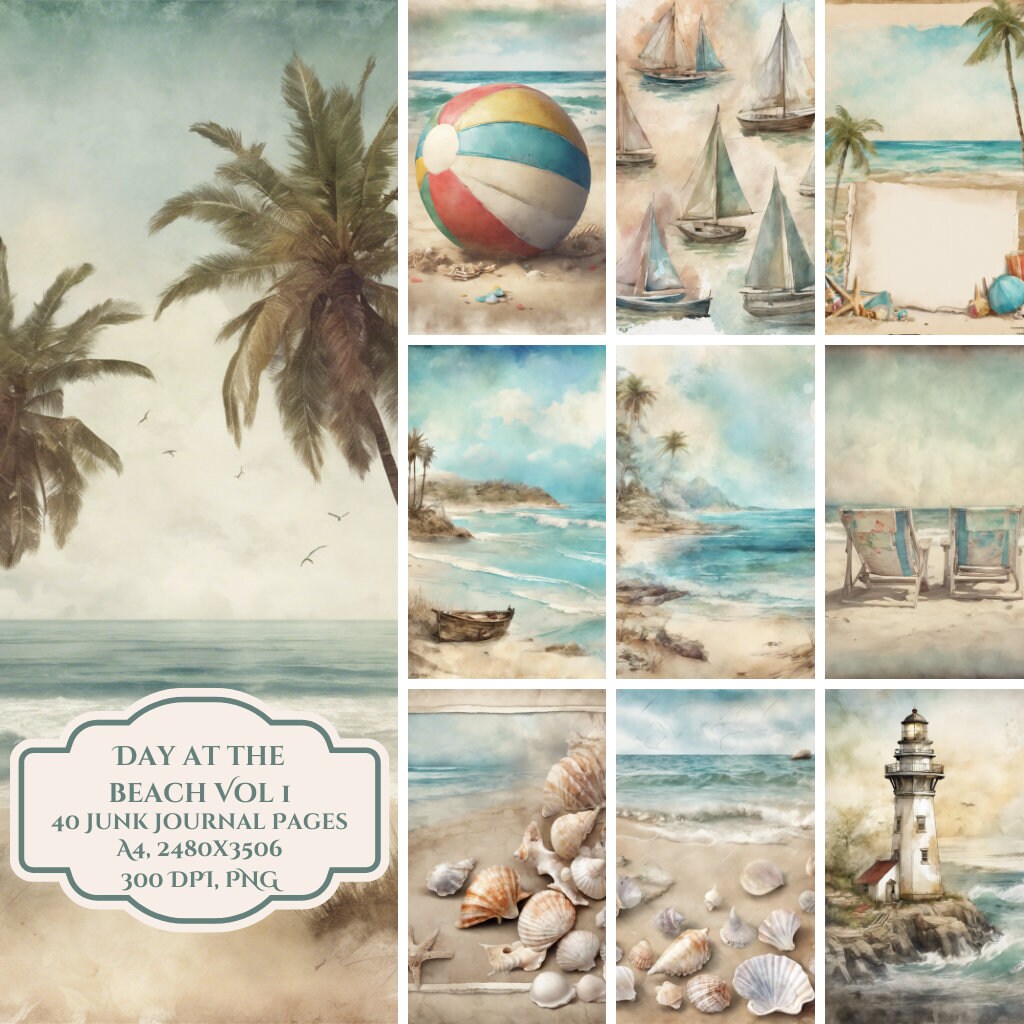 Day at the Beach Digital Journal Pages, Vintage Beach Theme Printables ...