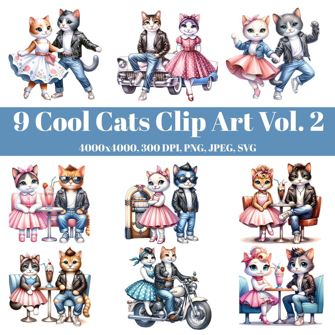9 Cool Cats Clip Art Bundle, Retro and Stylish Cat Illustrations ...