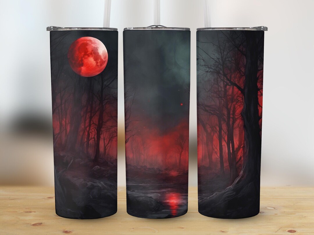 Full Moon Dark Forest Tumbler Wrap, 20oz Skinny Tumbler PNG, Red Moon ...