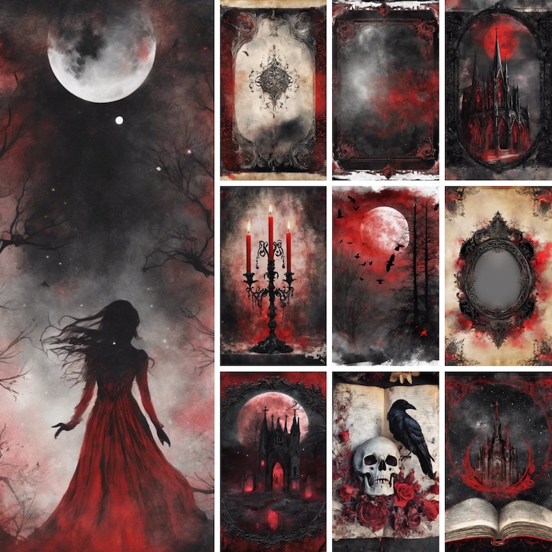 Gothic Blood Moon Junk Journal Pages, Dark Elegance Red and Black ...
