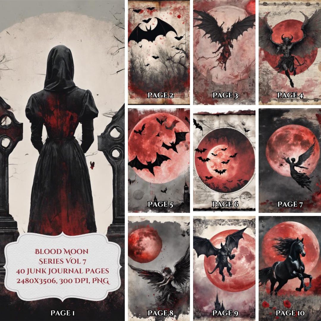 Gothic Blood Moon Junk Journal Pages, Dark Fantasy Digital Art, Witchy ...