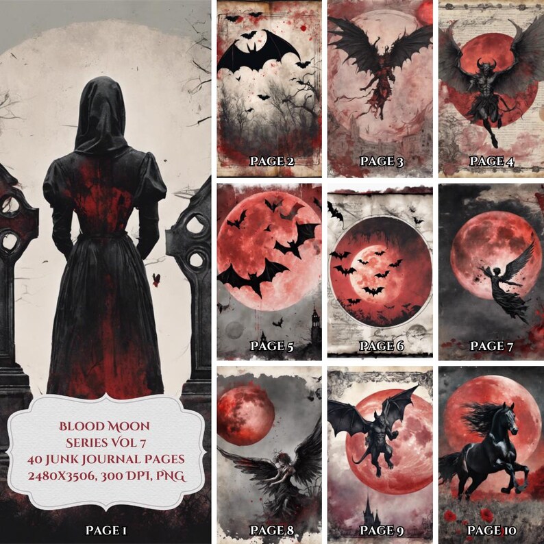 Gothic Blood Moon Junk Journal Pages, Dark Fantasy Digital Art, Witchy ...