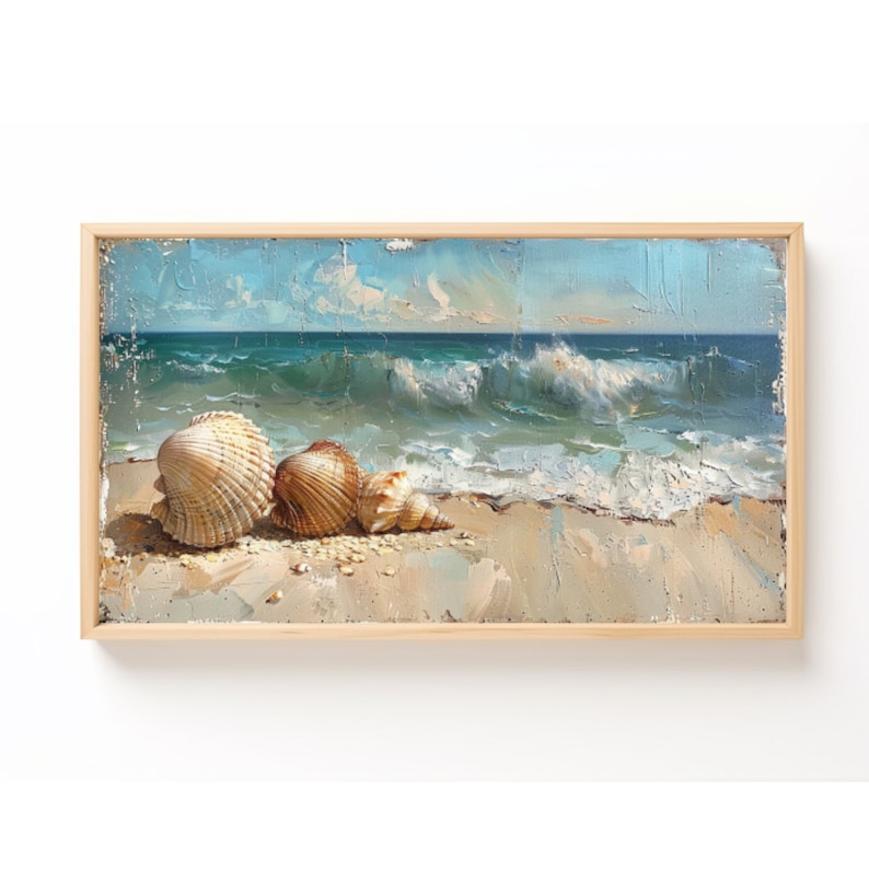 Coastal Beach Scene With Shells Digital Art, Frame TV Wall Art, High ...