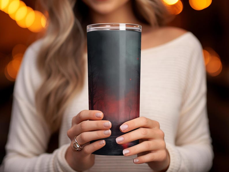 Full Moon Dark Forest Tumbler Wrap, 20oz Skinny Tumbler PNG, Red Moon ...