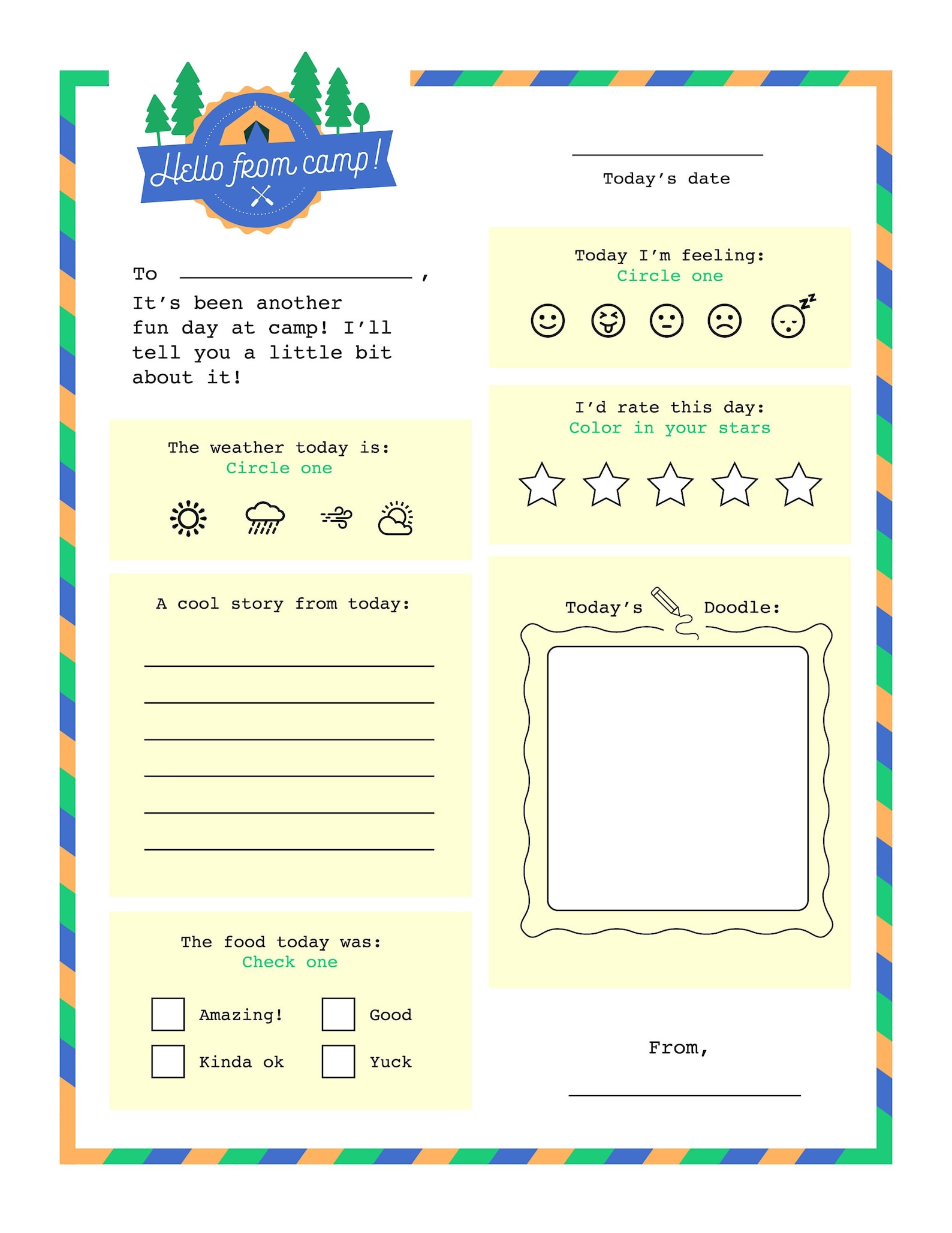 Printable Summer Camp Fill in Stationery Set Camp Note Cards, Kids ...