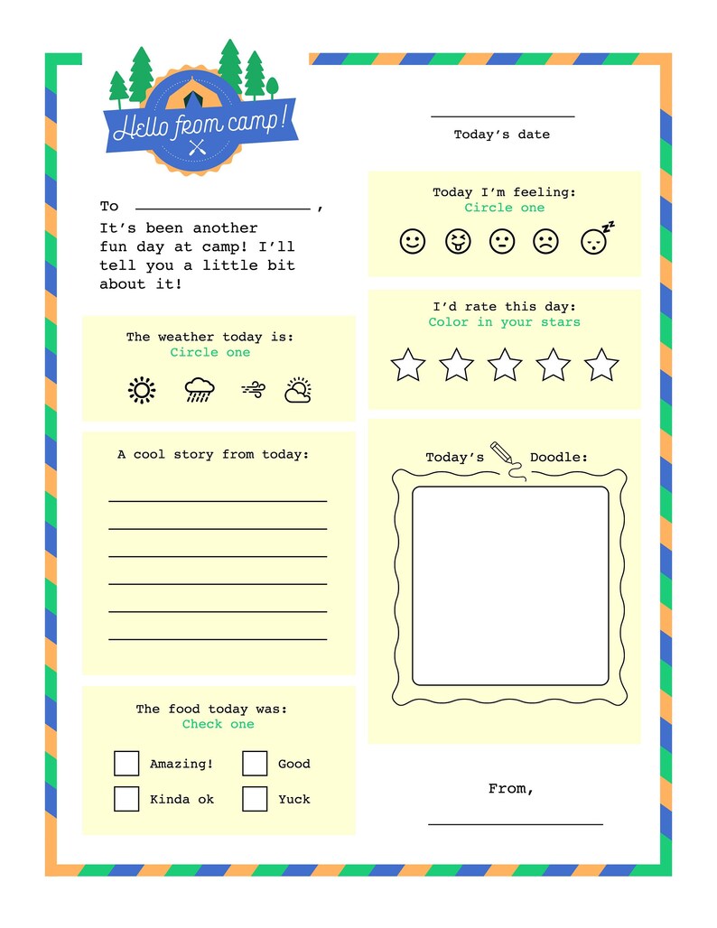 Printable Summer Camp Fill in Stationery Set- Camp Note Cards, Kids ...