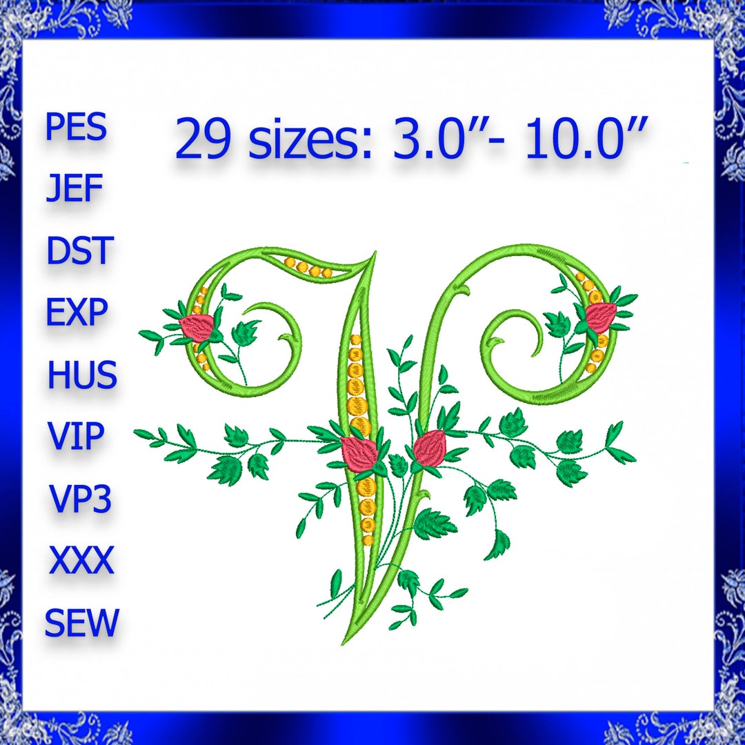 Letter V Monogram Embroidery Floral V Monogram Fancy Vine Monogram ...