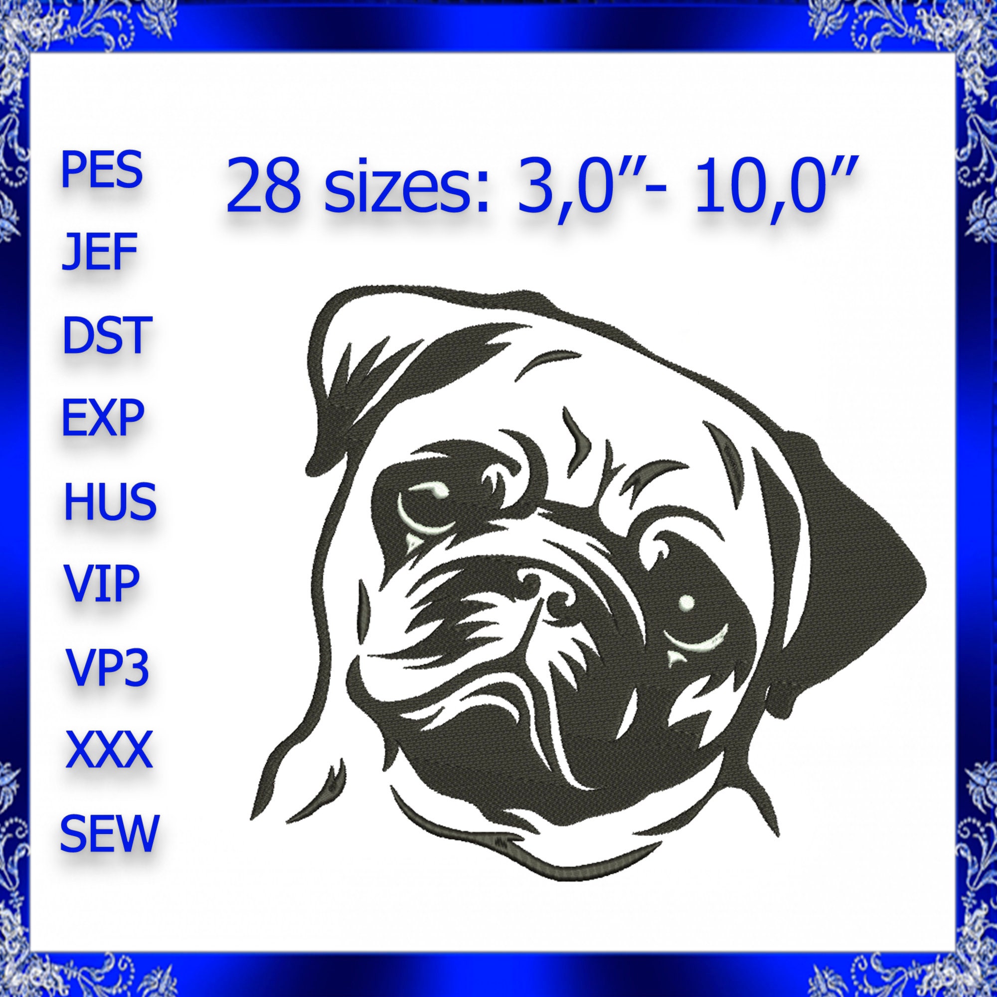Pug Dog Machine Embroidery Design Pug Embroidery Dog Pug Embroidery Pet ...