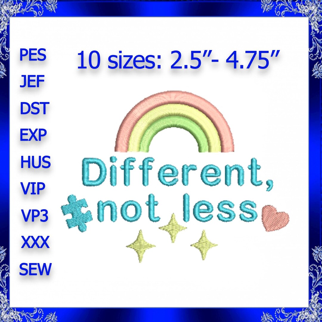 Different Not Less Machine Embroidery Design Autism Awareness Rainbow ...