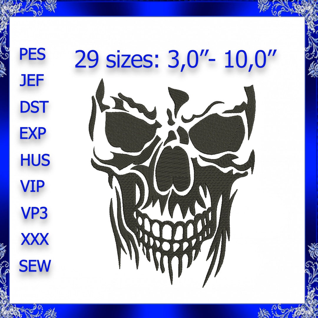 Skull Head Machine Embroidery Design Skull Embroidery Design Skeleton ...