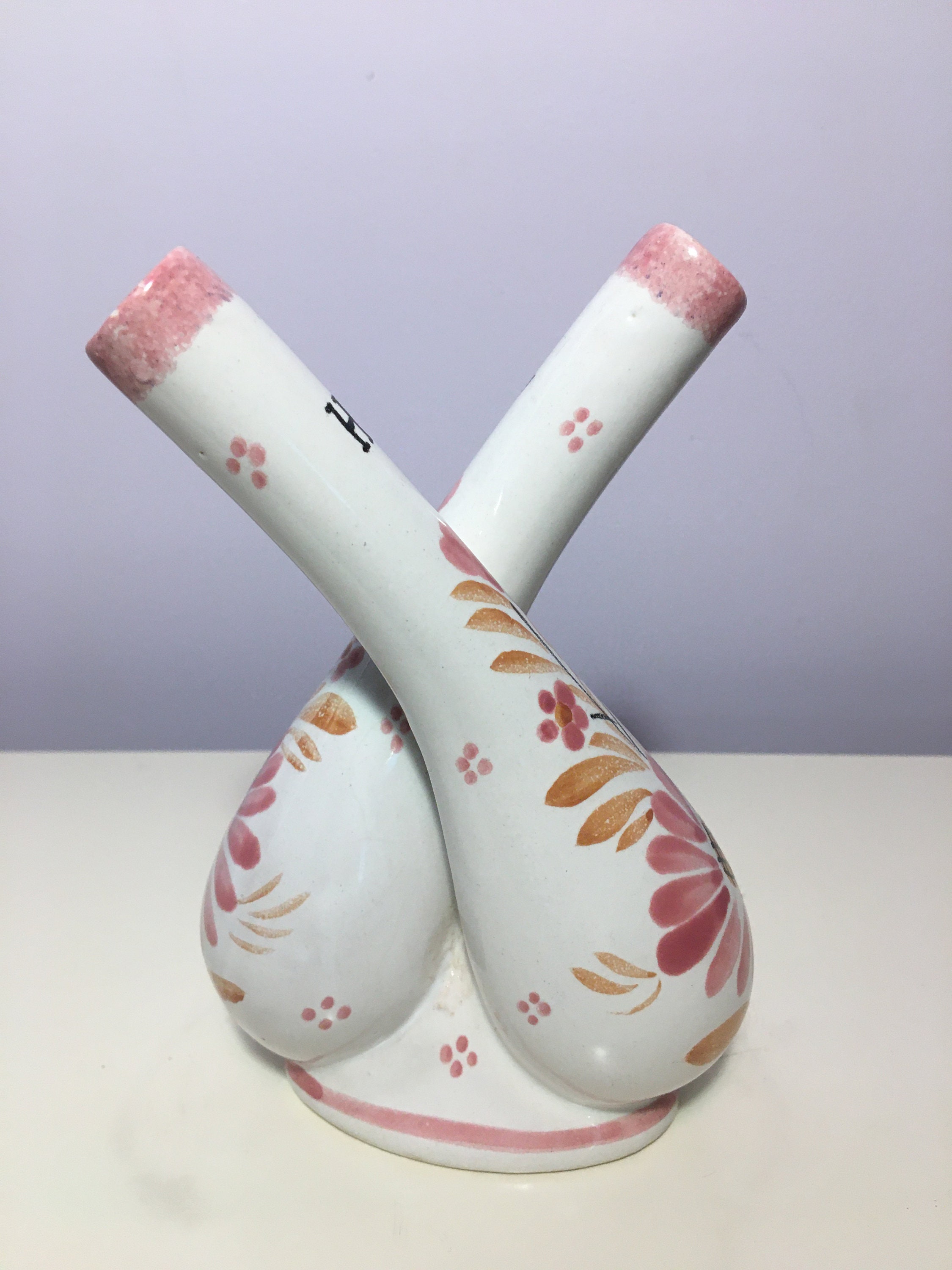 Henriot Quimper Pottery Oil and Vinegar Cruet: Hand-painted Pink Floral ...