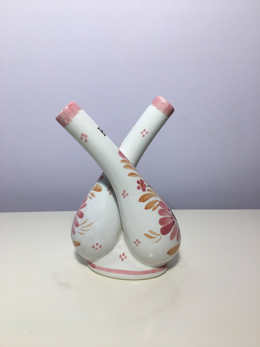 Henriot Quimper Pottery Oil and Vinegar Cruet: Hand-painted Pink Floral ...