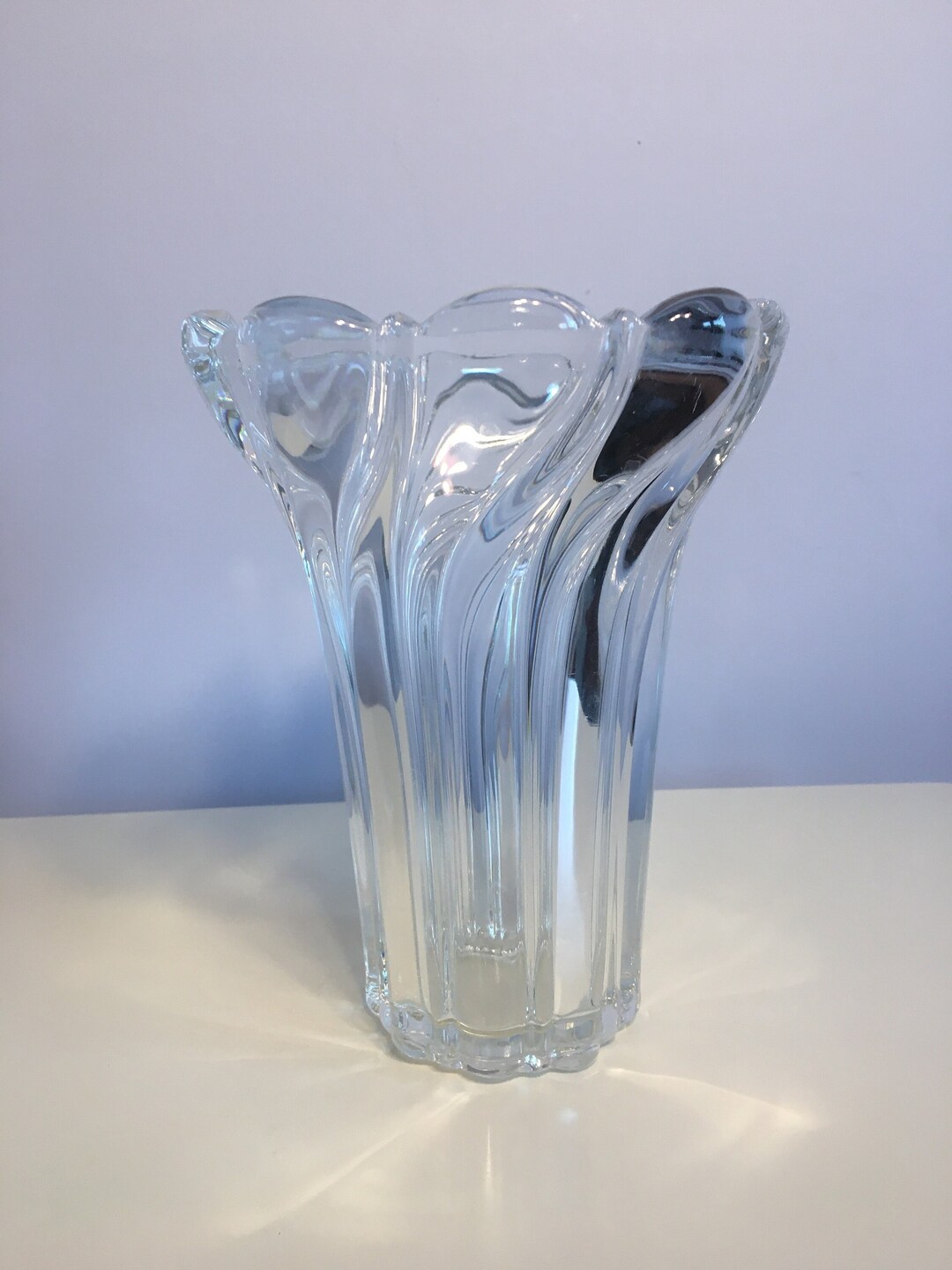 Vintage Mikasa Heavy Clear Swirl Glass Peppermint Vase Scalloped Edges ...