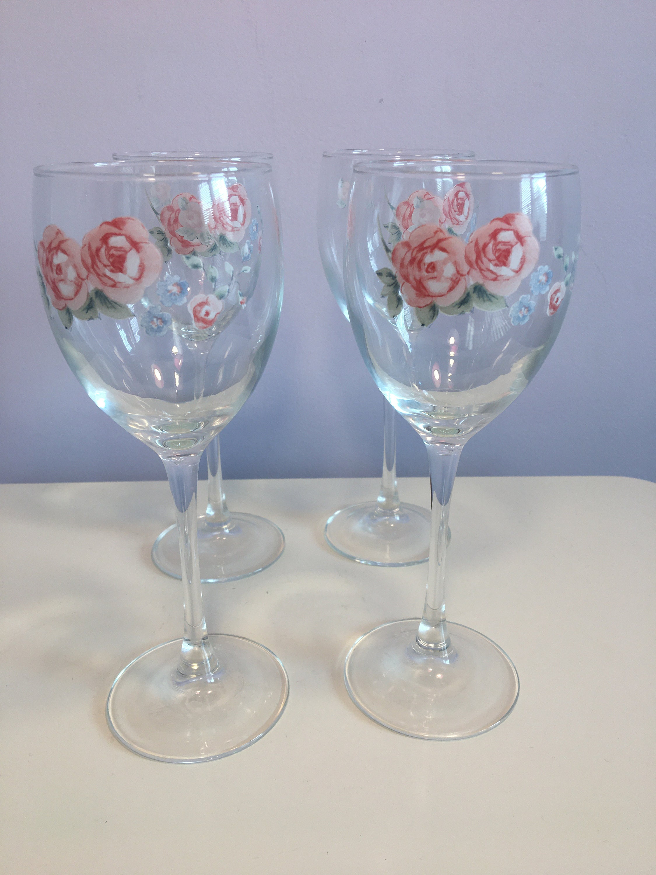 Set Of Four Vintage Luminarc France Pink Rose Wine Glasses 75 Tall Etsy