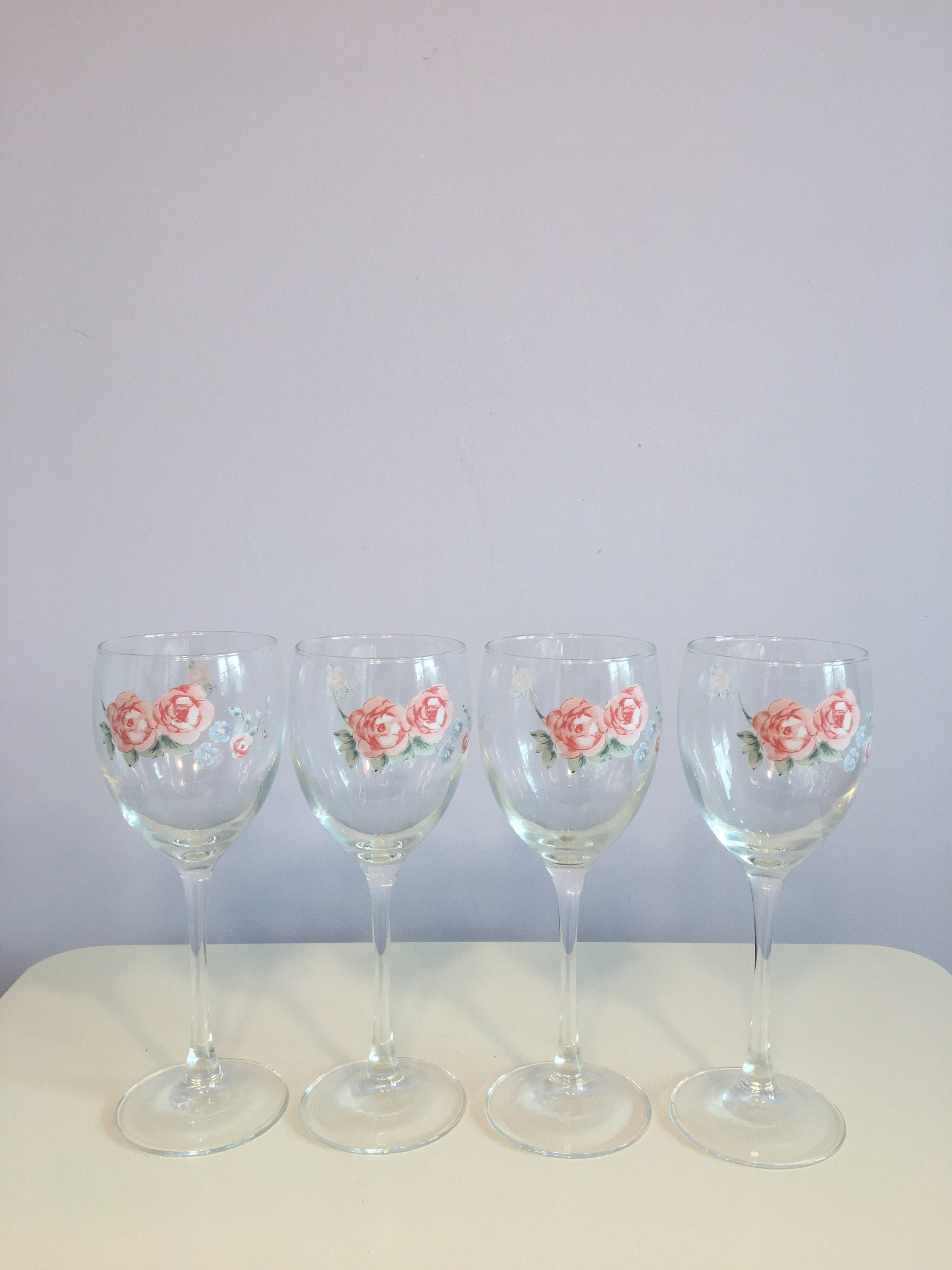 Set Of Four Vintage Luminarc France Pink Rose Wine Glasses 75 Tall Etsy