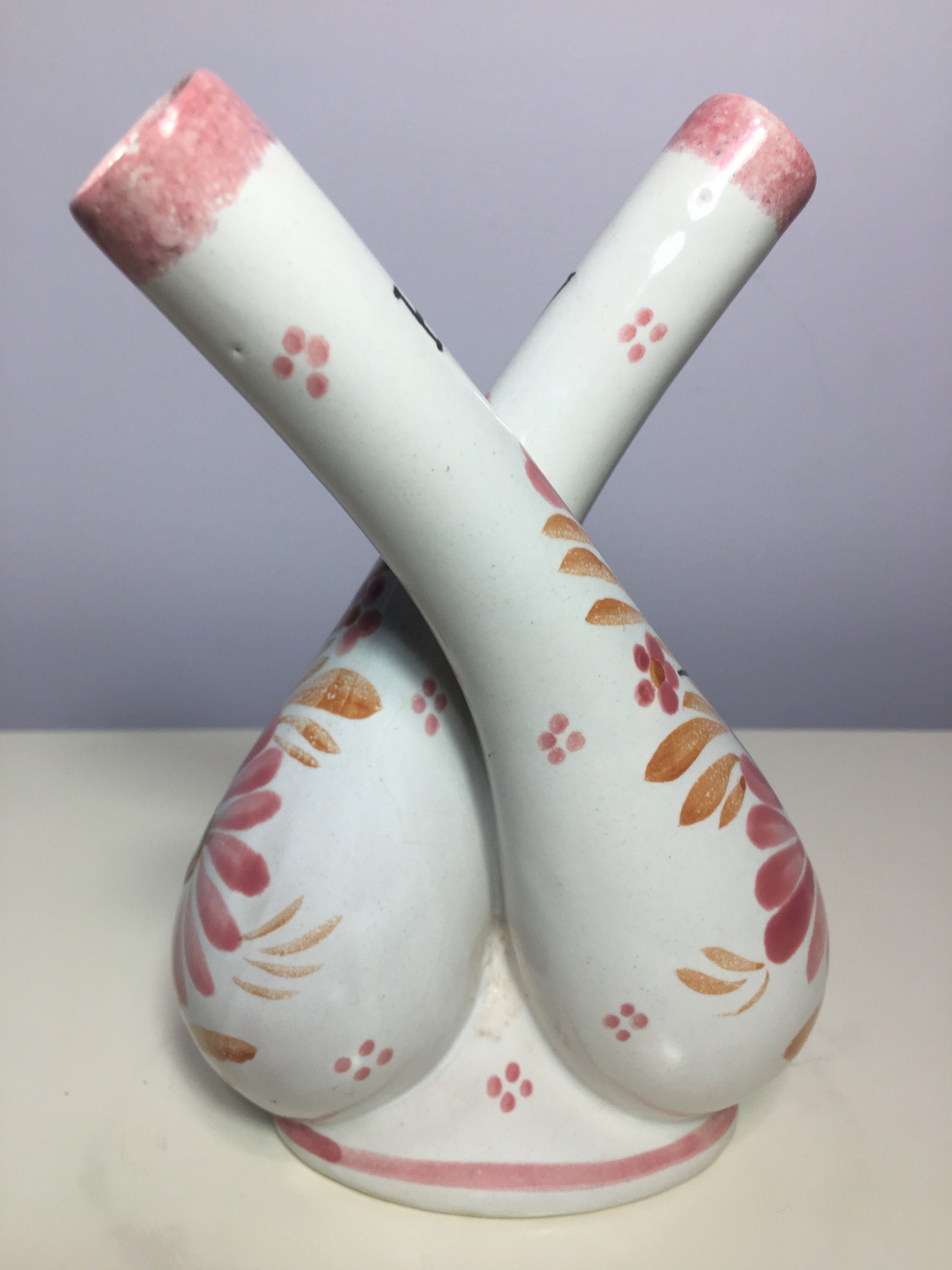 Henriot Quimper Pottery Oil and Vinegar Cruet: Hand-painted Pink Floral ...