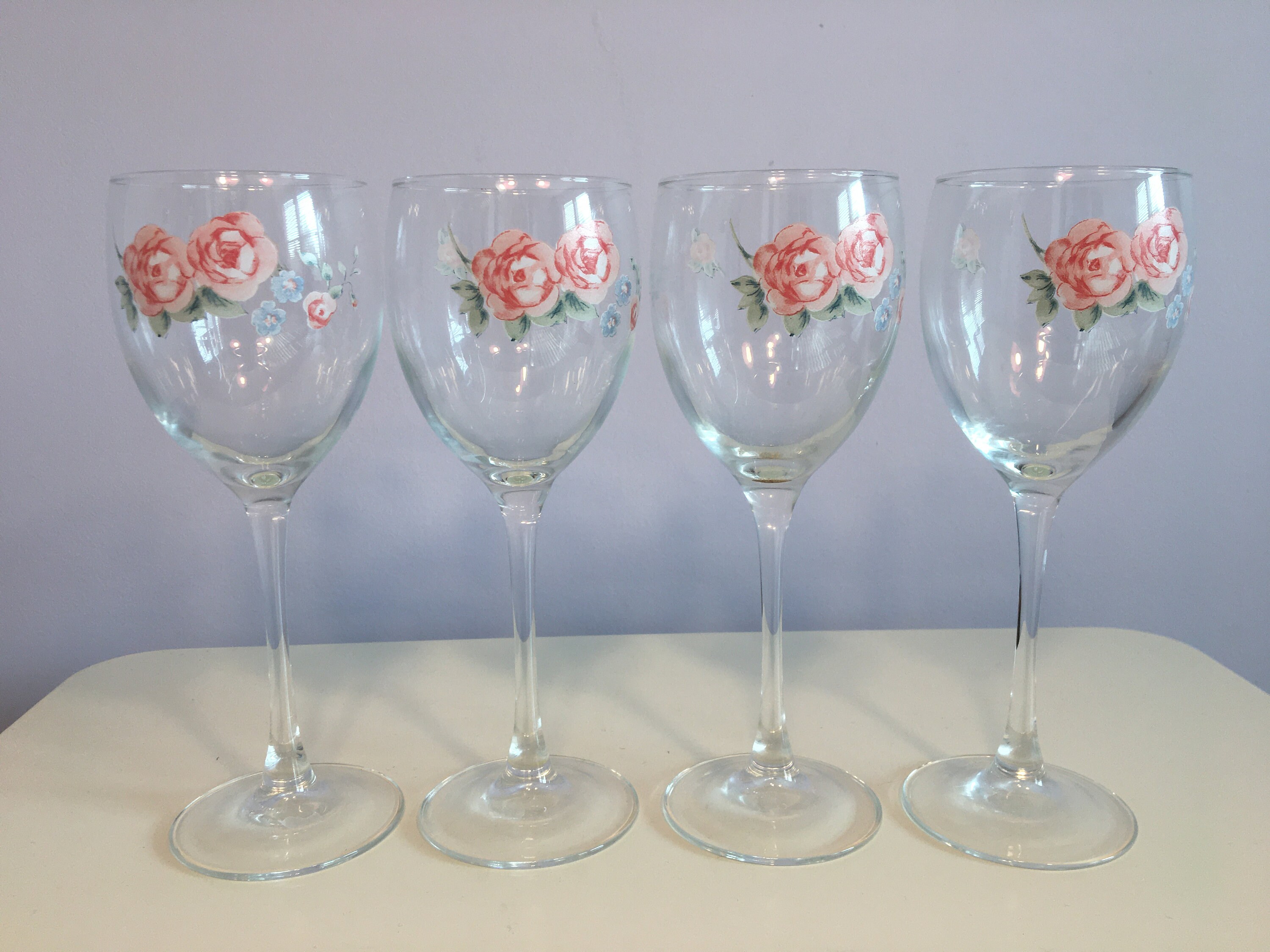 Set Of Four Vintage Luminarc France Pink Rose Wine Glasses 75 Tall Etsy