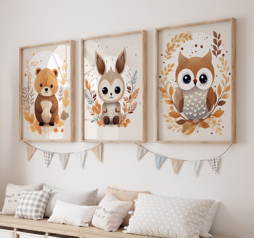 Woodland Boho Animal Nursery Prints – Forest Wall Decor Set, Neutral ...