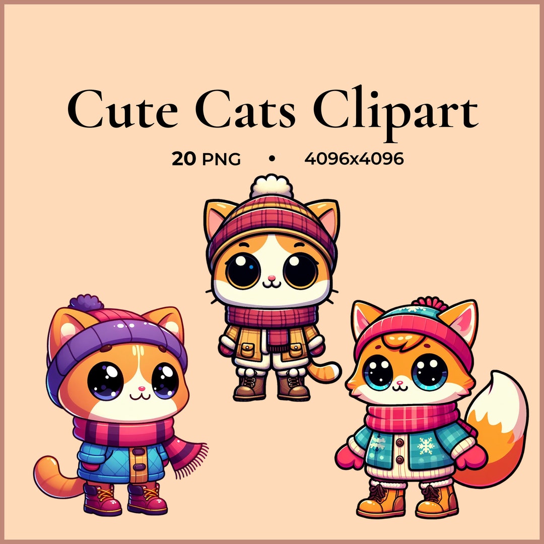 Cute Cats Clipart Bundle, Winter Theme, 20 High Quality PNG Stickers ...