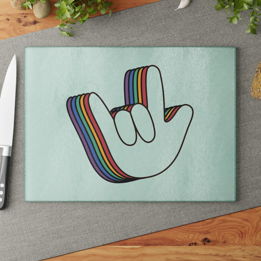 ASL I Love You Sign Language Pride Rainbow Effect Glass Cutting Board ...