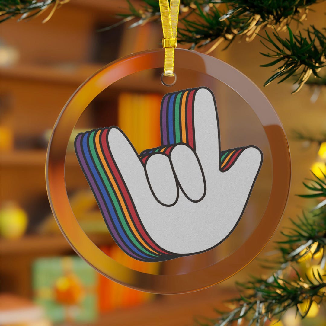 ASL I Love You Sign Language Pride Rainbow Effect Glass Ornament ...
