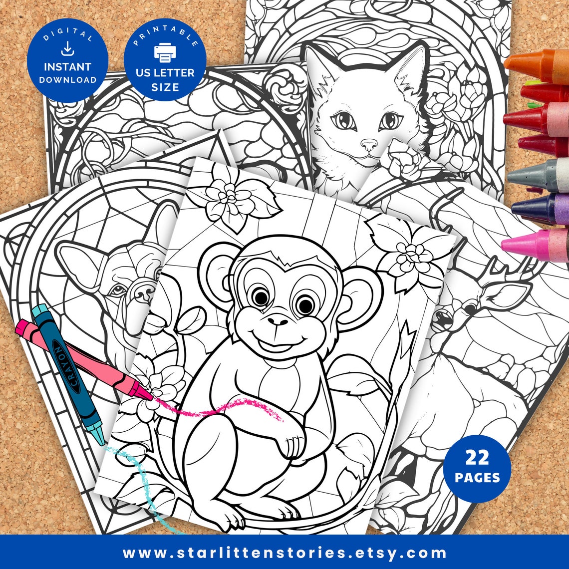 Printable Animals Stained Glass Coloring Book for Kids, Variety of ...