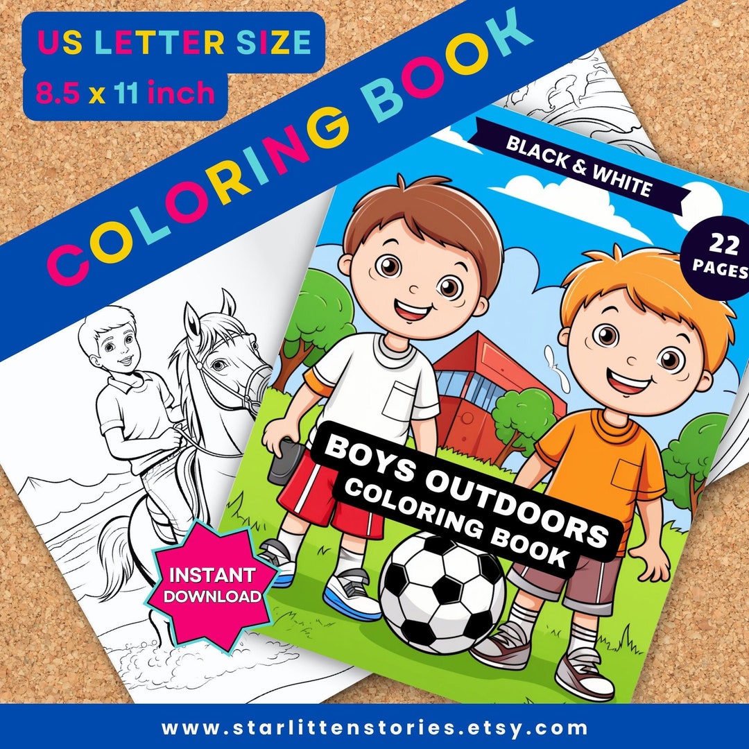 Printable * Boys Outdoors Coloring Book for Kids, Playing Outdoors ...