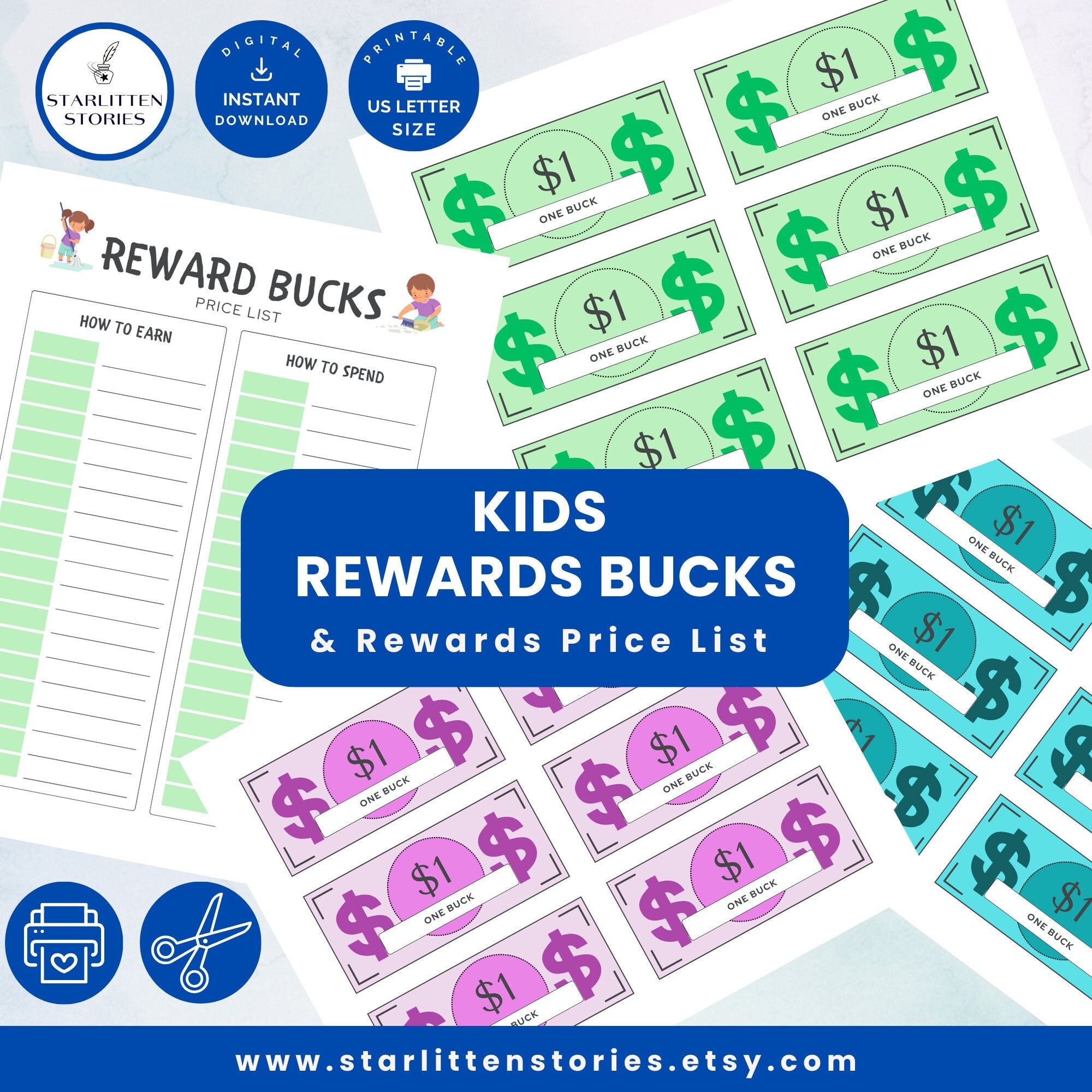 Printable Reward Bucks for Kids and Pricelist Instant Download, US ...
