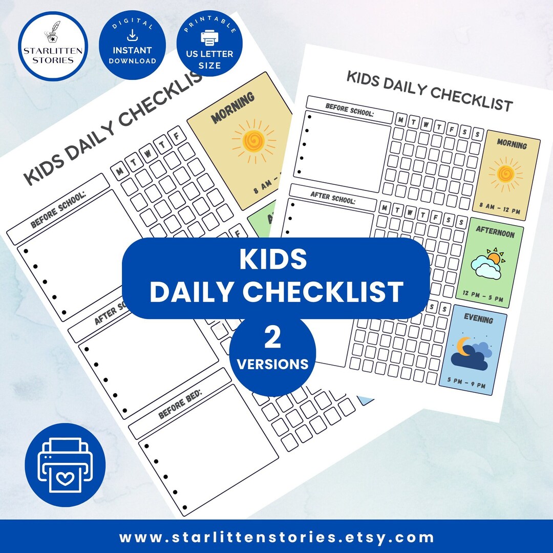 Printable Kids Daily Checklist Instant Download, US Letter, Keep Track ...