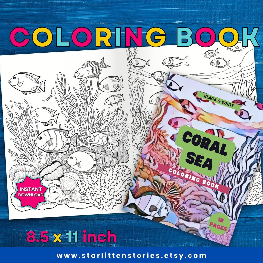 Printable * Coral Sea Coloring Book for Kids, Coral Reef, Fish, Sea ...
