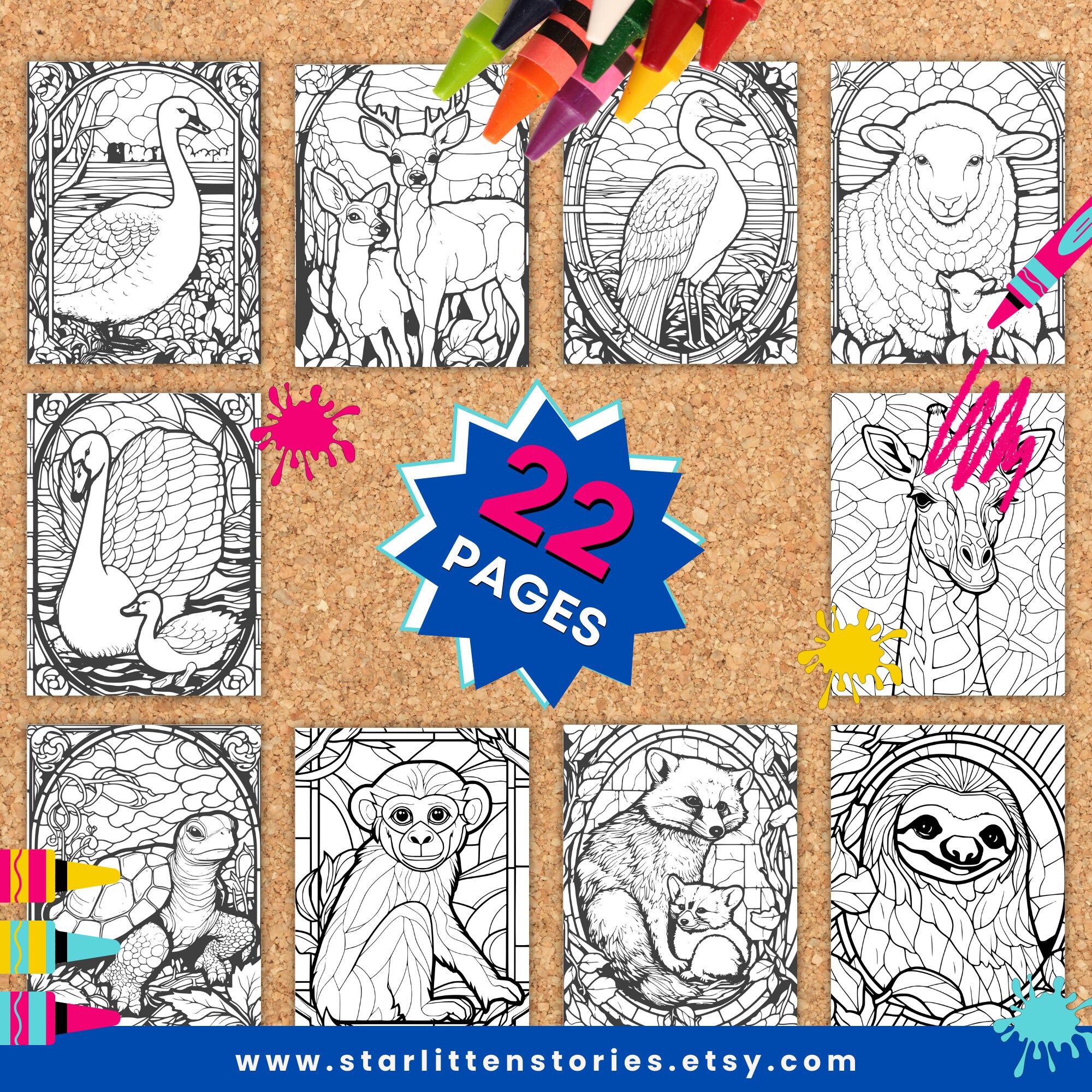 Printable Animals Stained Glass Coloring Book for Kids, Variety of ...