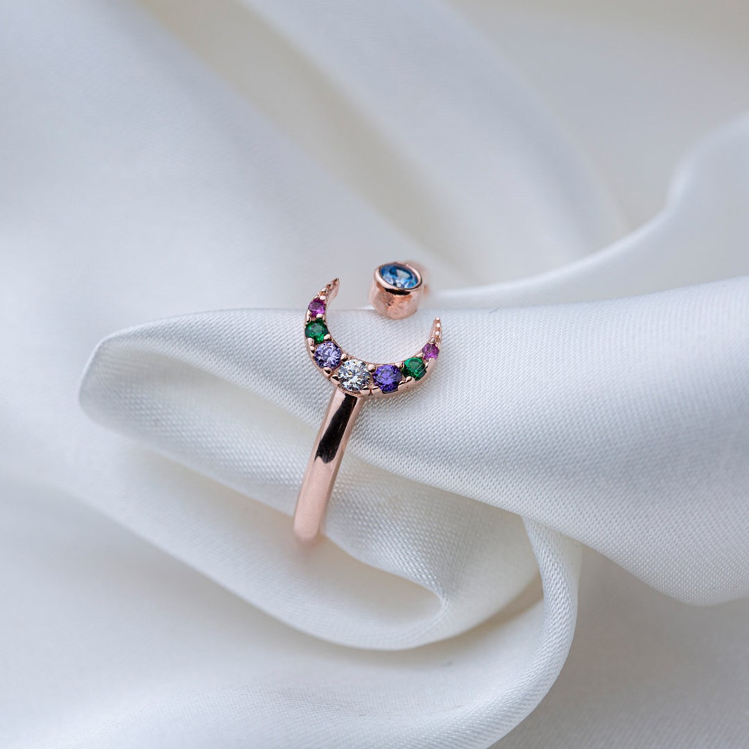 Moon Design Mix Stone Adjustable Ring 925 Silver Jewelry 1.70 Gr - Etsy