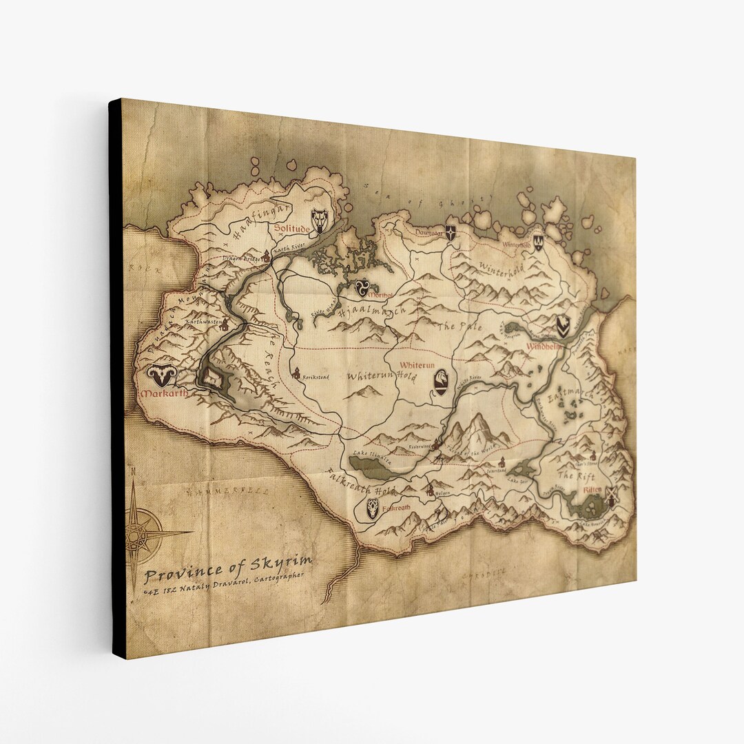 Skyrim World Map Wall Art Skyrim Decor Video Game World Map Game Room ...