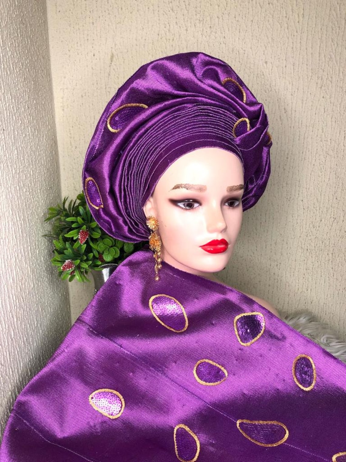Purple Auto Gele Aso Oke With Gold Detail - Etsy