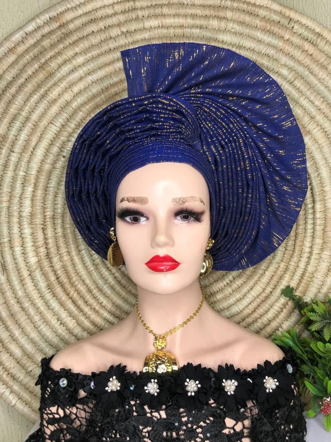 Navy Blue Auto Gele Aso Oke With Gold Detail - Etsy