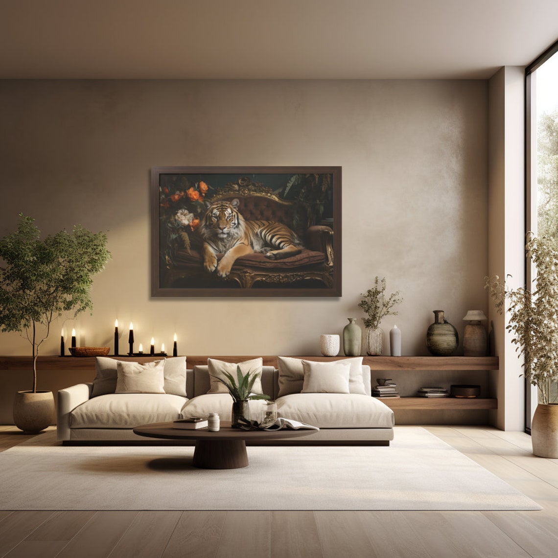 Tiger on Setee, Tiger Art, Tiger Poster, Tiger on Velvet, Framed Print ...