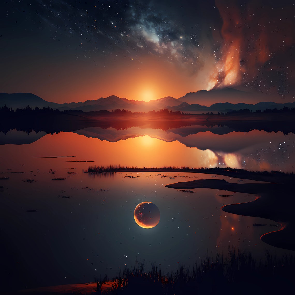 Sunset Over a Calm Still Lake Art - Etsy