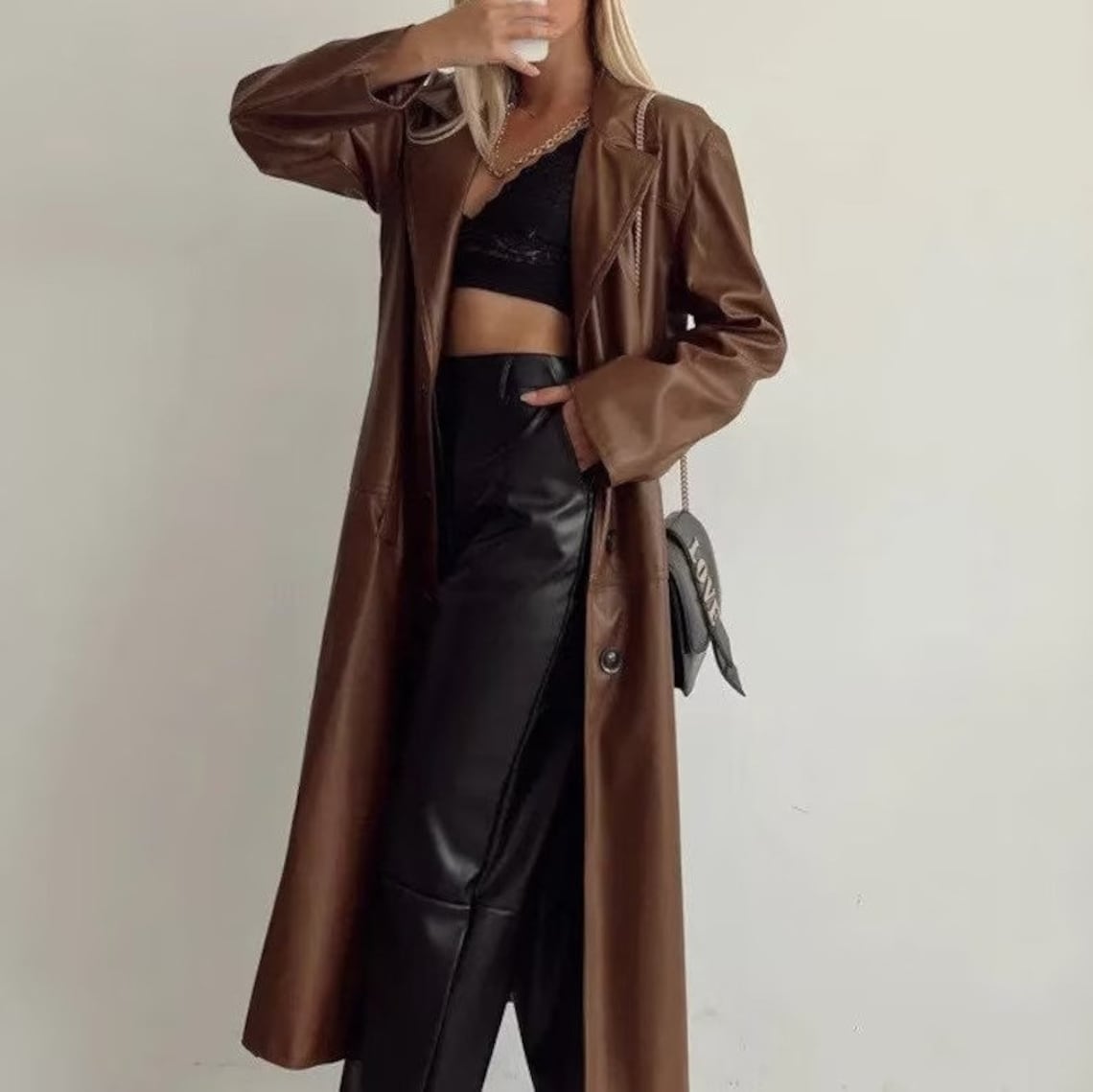 Handmade Women Long Leather Trench Coat Full Length Duster Coat Parka ...