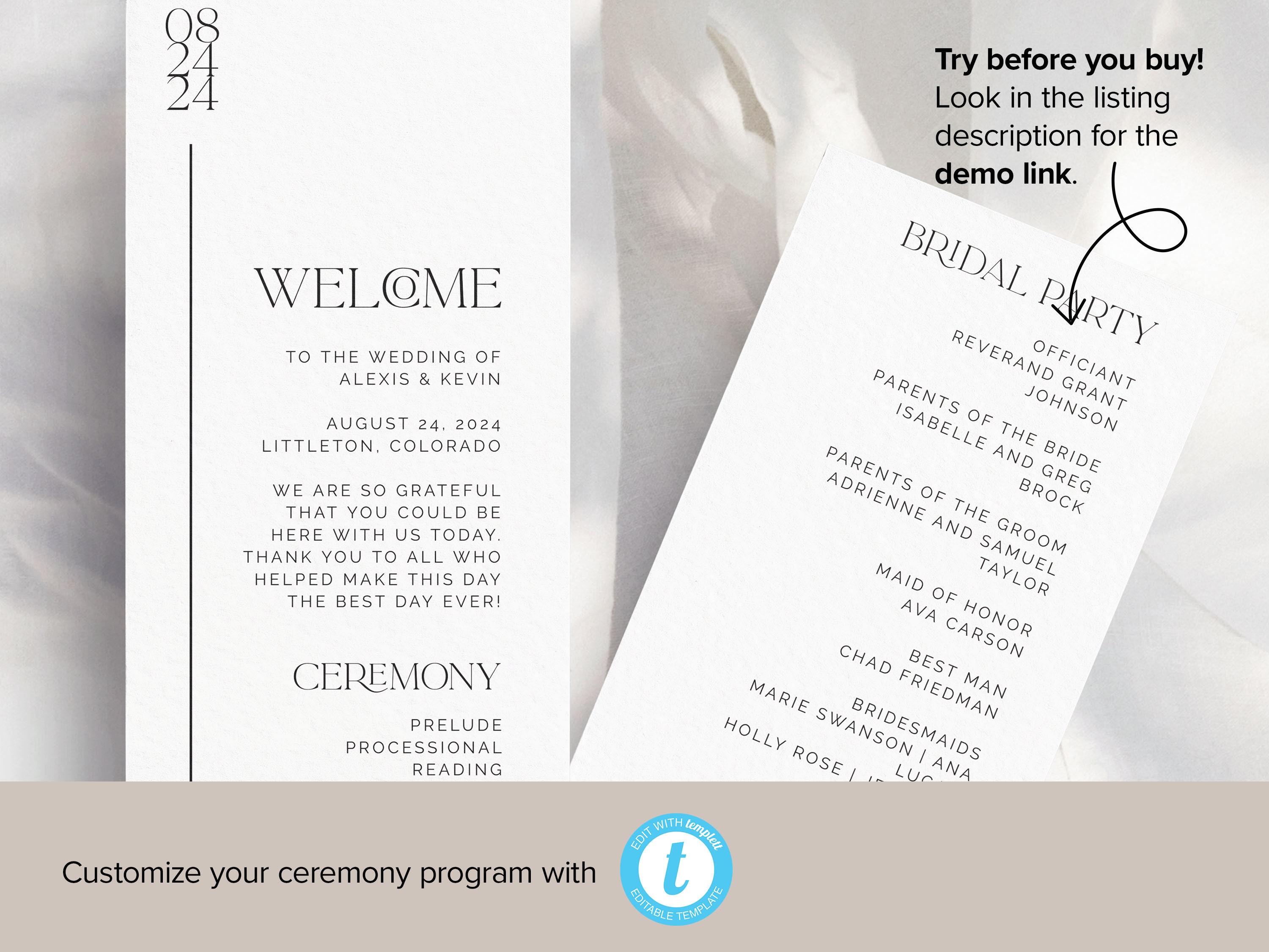 Wedding Program Template, Modern Wedding Ceremony Program, Modern ...