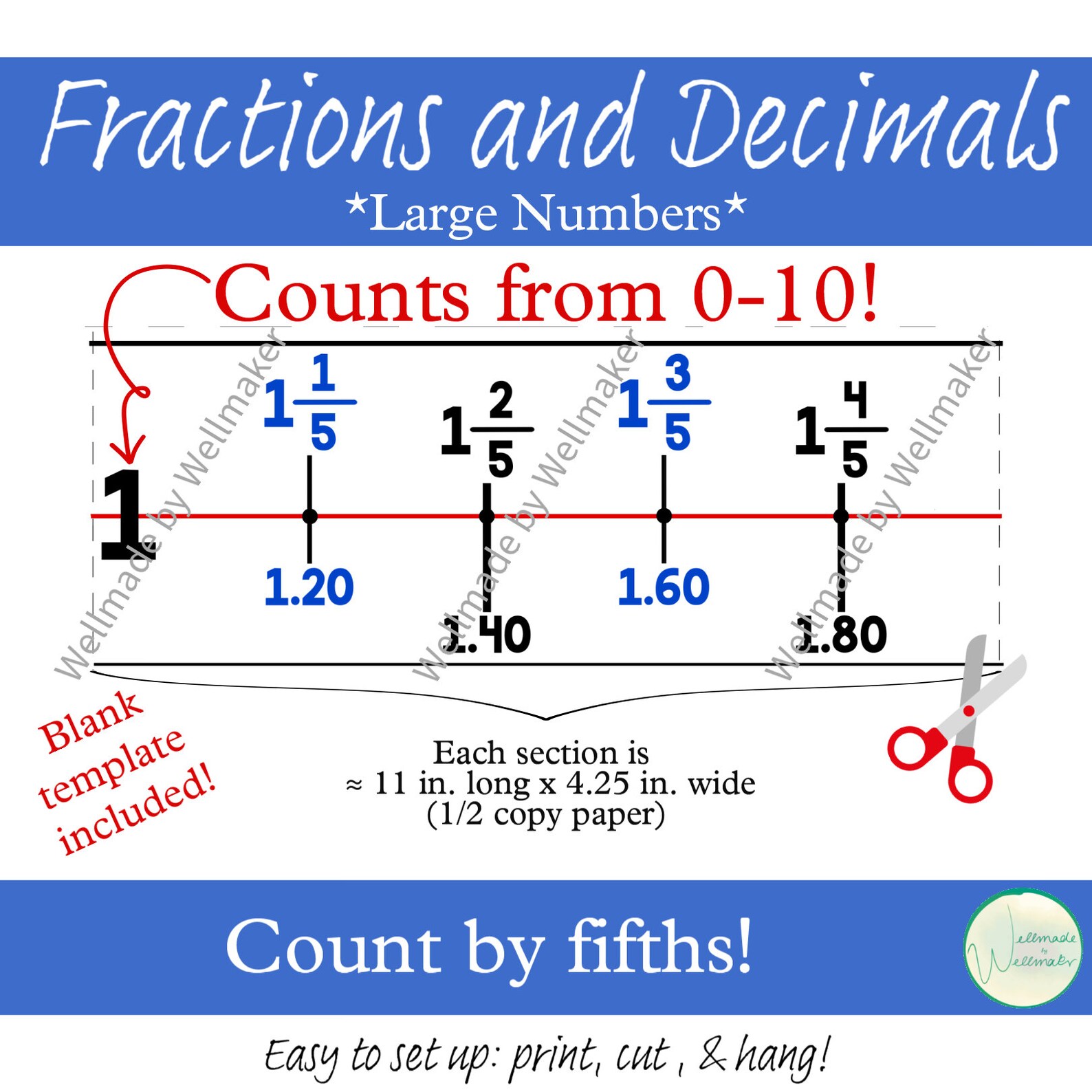 Fraction and Decimal Number Line - Fifths - Etsy