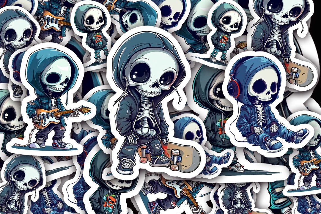 Chibi Skeleton Sticker, Notebook Art, Adhesive Art, Skeleton Skater ...